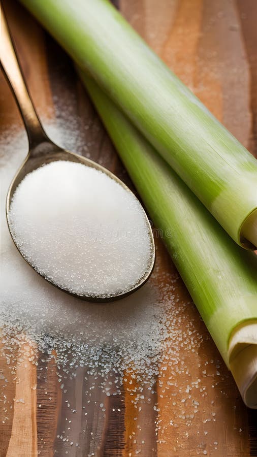 Rustic Setup with Granulated Sugar Spoon and Sugarcane on Wooden ...