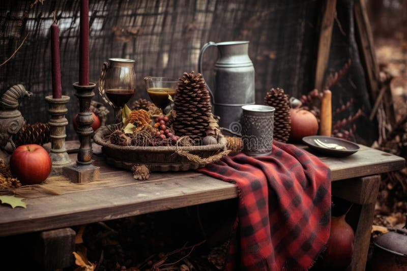 Rustic Setup with Mulled Wine and Pinecones on a Picnic Table Stock ...