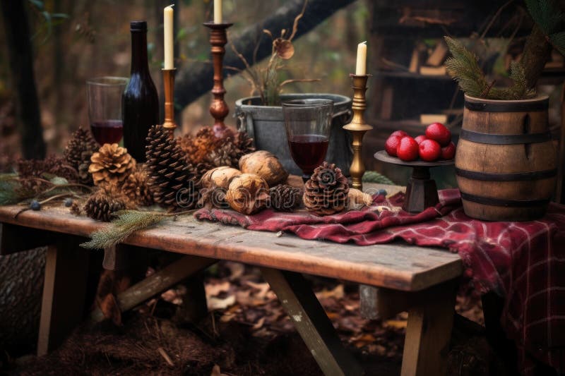 Rustic Setup with Mulled Wine and Pinecones on a Picnic Table Stock ...