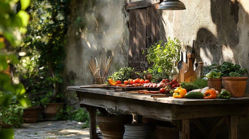 A Rustic Setup for an Outdoor Barbecue with Fresh Vegetables and Stock ...