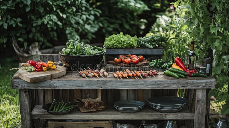 A Rustic Setup for an Outdoor Barbecue with Fresh Vegetables and Stock ...