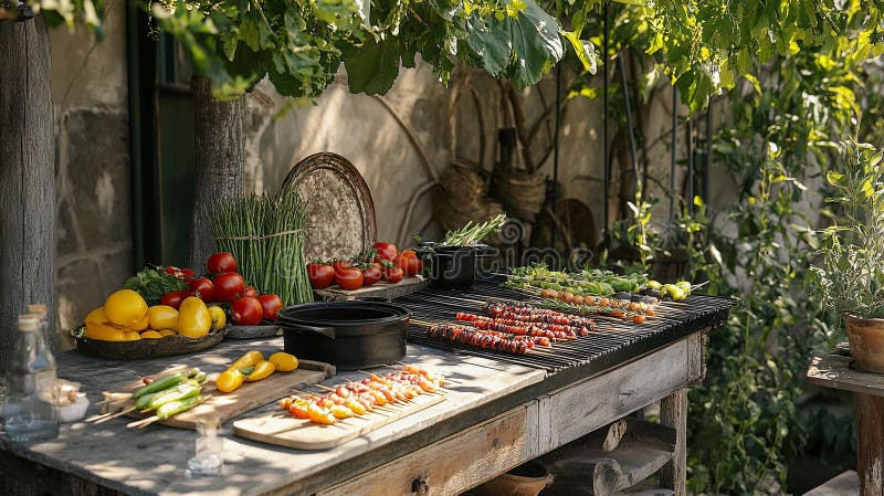 A Rustic Setup for an Outdoor Barbecue with Fresh Vegetables and Stock ...