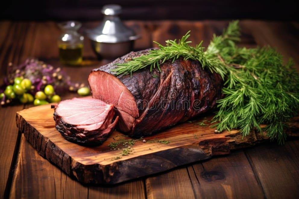 Rustic Setup of Smoked Beef Brisket on a Aged Wooden Table Stock Image ...