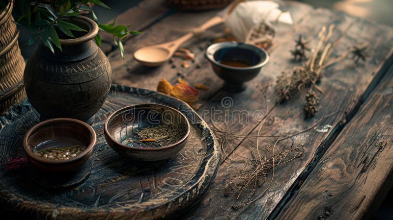Rustic Setup with Traditional Earthenware and Herbs Stock Image - Image ...