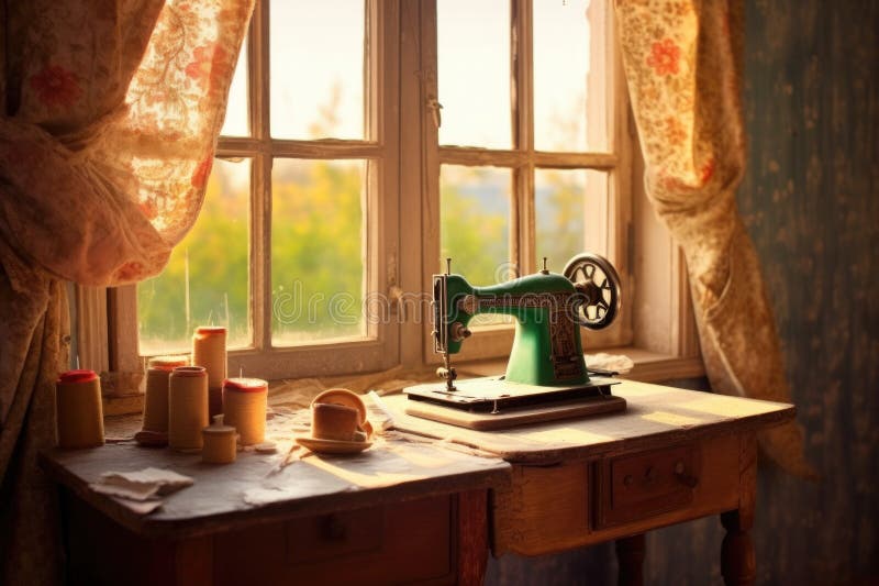Rustic Sewing Machine with Sunlit Window Background Stock Illustration ...