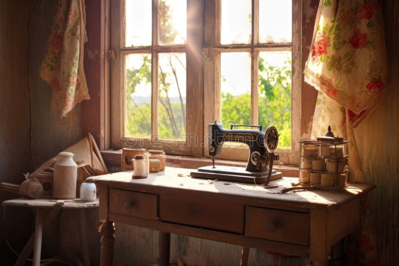 Rustic Sewing Machine with Sunlit Window Background Stock Illustration ...