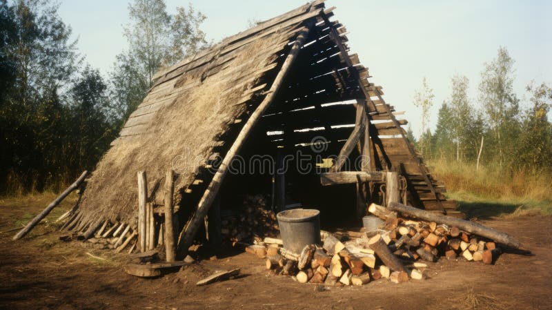 Rustic Shack in the Woods Constructed by a Wanderer and Firewood for a ...