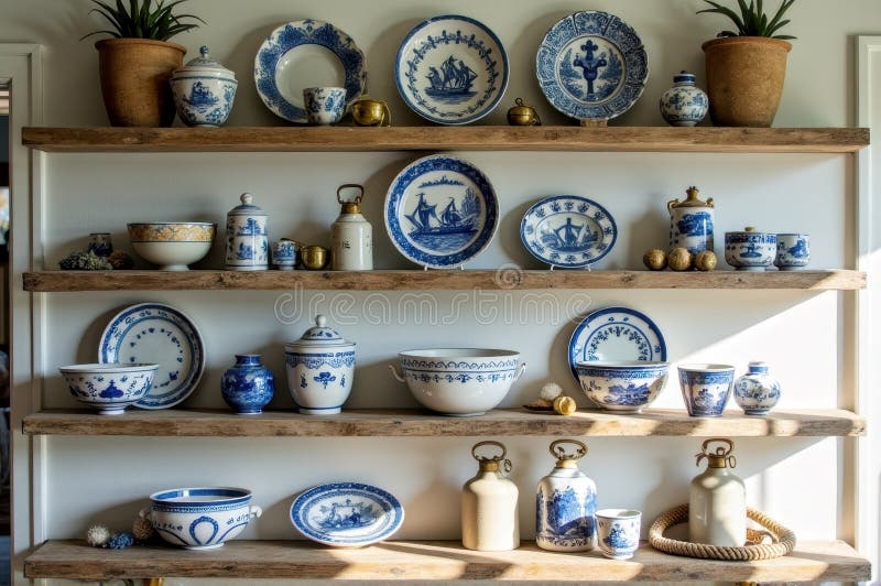 Rustic Shelves with Blue and White Nautical Porcelain Dishware Display ...