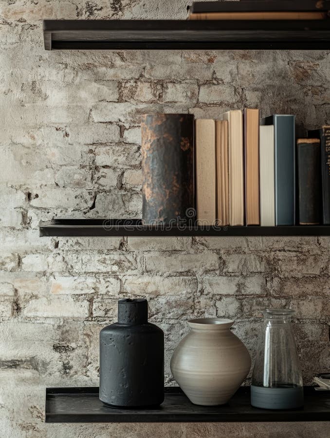 Rustic Shelves with Books and Vases on a Brick Wall. Stock Image ...