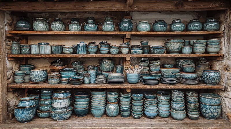 Rustic Shelves Display Handmade Pottery Stock Photo - Image of craft ...