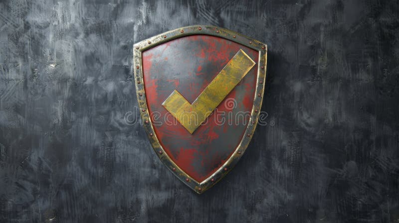 Rustic Shield with Golden Check Mark, Security and Approval Concept ...