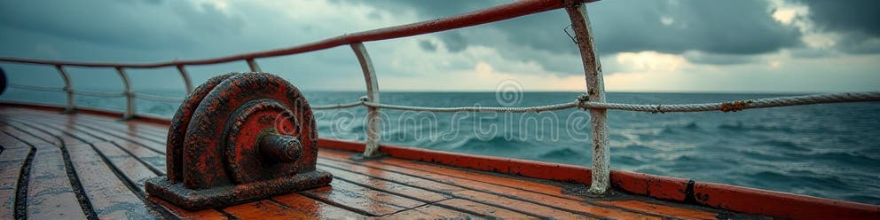 Rustic Ship Deck with Ocean View on Cloudy Day Stock Image - Image of ...