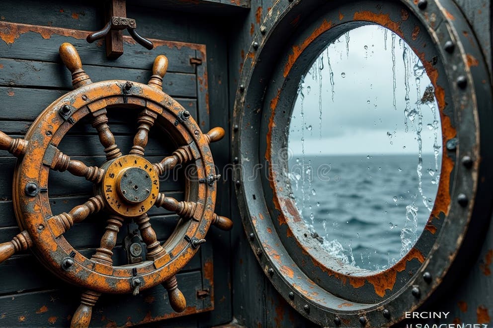 Rustic Ship Wheel and Ocean View through Porthole on Overcast Day Stock ...