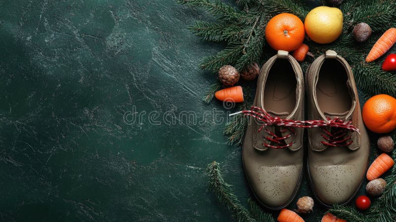 Rustic Shoes Surrounded by Orange Slices and Pine Branches with Carrots ...