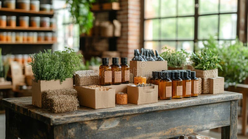Rustic Shop Display of Amber Bottles with Greenery Stock Illustration ...