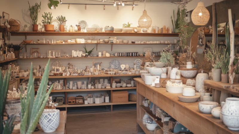 A Rustic Shop Interior Decorated with Pottery and Plants Stock ...