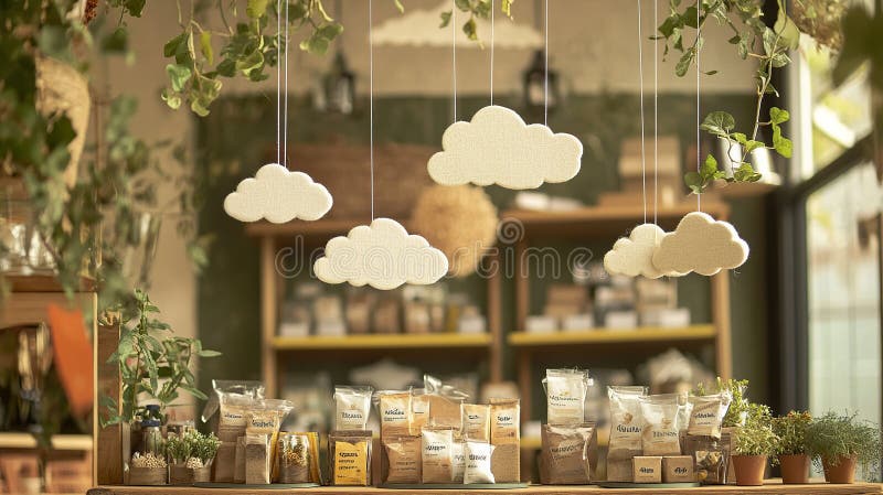 Rustic Shop Interior with Hanging Cloud Decorations and Shelves of ...
