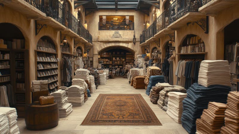 Rustic Shop Interior with Stacked Textiles and Warm Lighting Stock ...