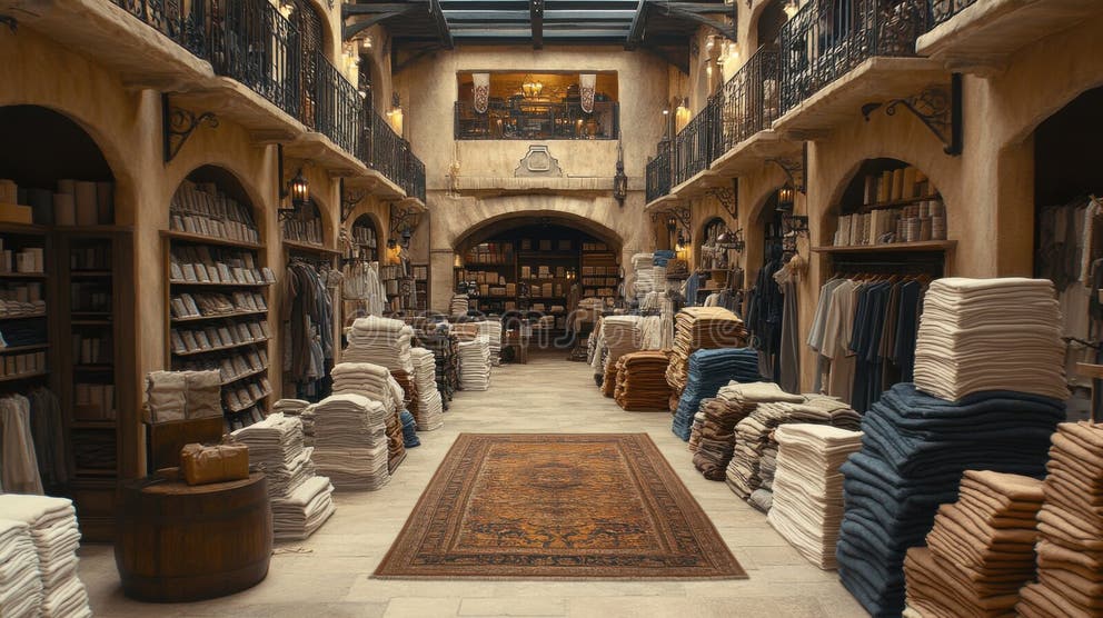 Rustic Shop Interior with Stacked Textiles and Warm Lighting Stock ...