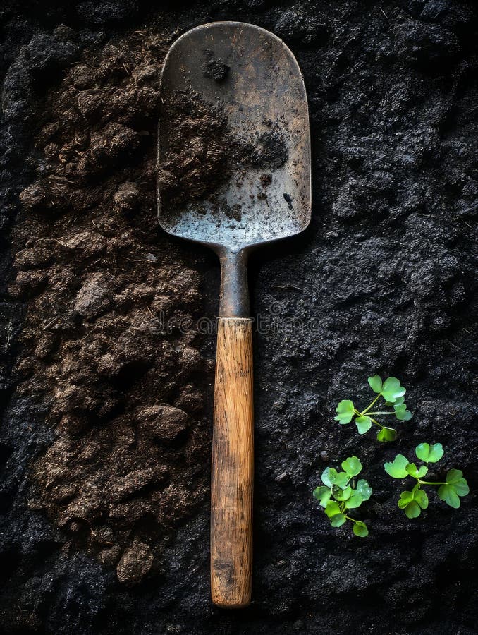 Rustic Shovel on Soil with Sprouting Green Plants Stock Photo - Image ...