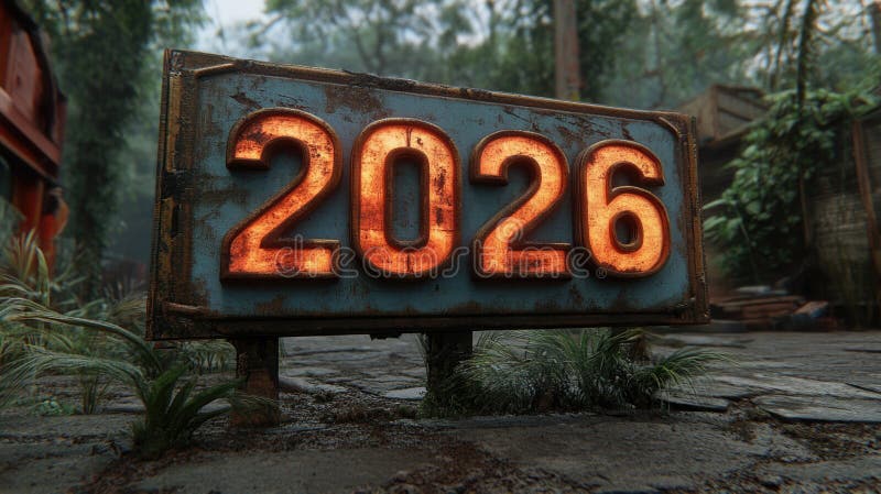 Rustic 2026 Sign in Overgrown Urban Jungle Setting. Happy New Year 2026 ...