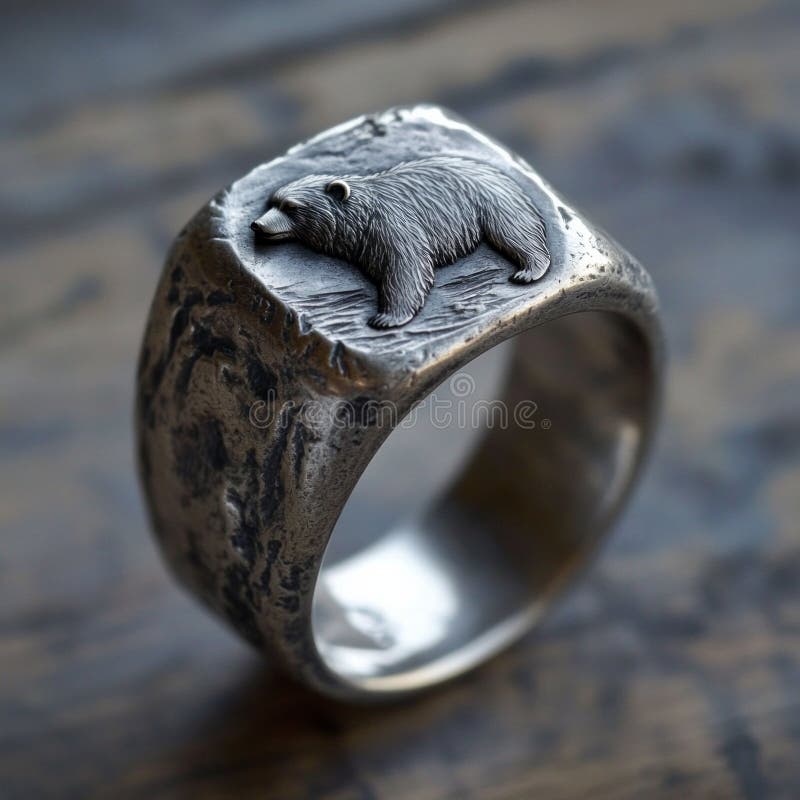 Rustic Silver Bear Ring on Wooden Surface Stock Image - Image of ...