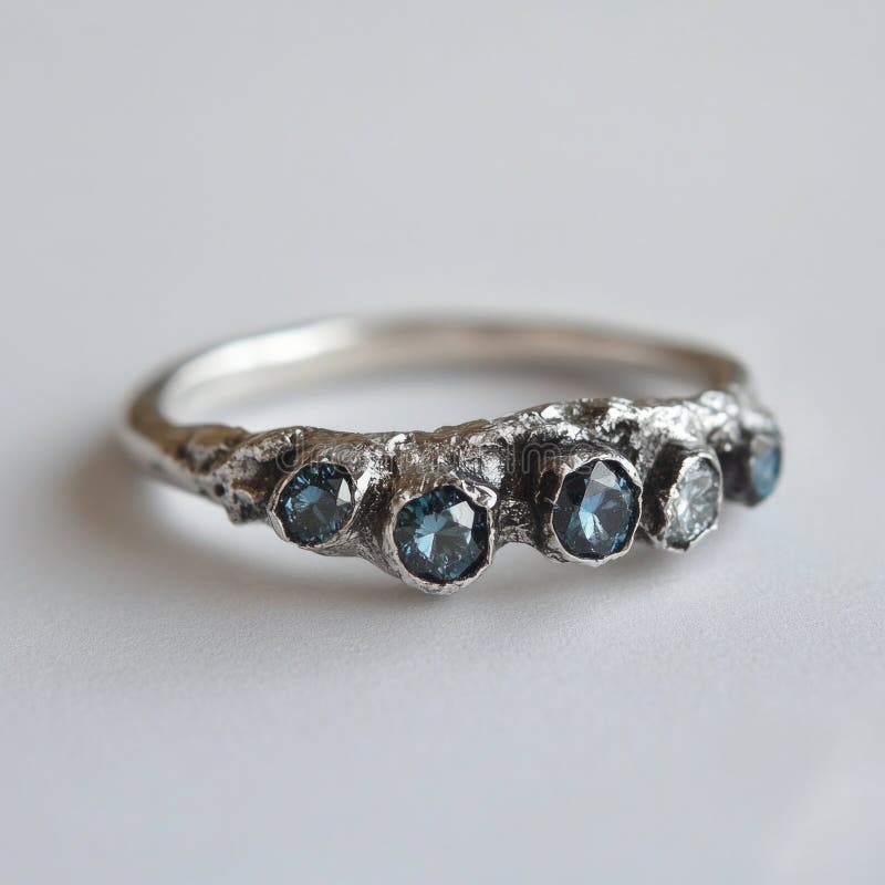 Rustic Silver Ring with Blue Gemstones on Gray Surface Stock Image ...