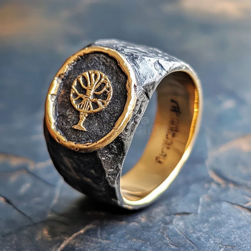 Rustic Silver Ring with Gold Tree Emblem on Textured Abstract ...