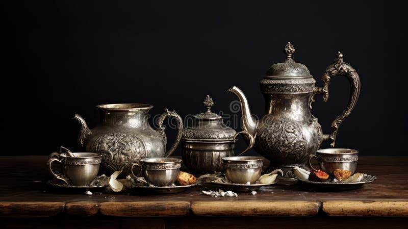 Rustic silver tea set stock illustration. Illustration of vintage ...