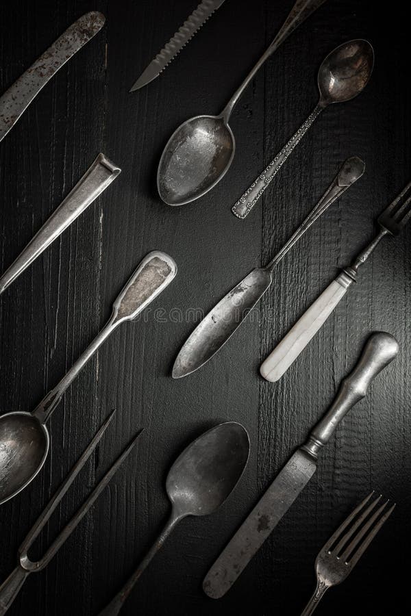 Rustic Silverware on Dark Wooden Background Stock Image - Image of ...