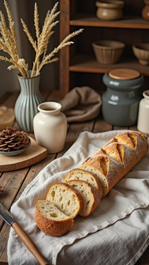 Rustic Sliced Bread on a Wooden Table with Pottery and Wheat Decor ...