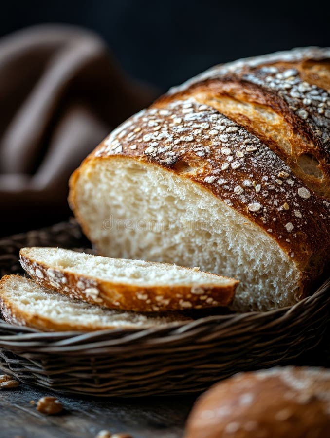 Rustic Sliced Loaf of Artisan Bread on a Wicker Tray. Stock Image ...