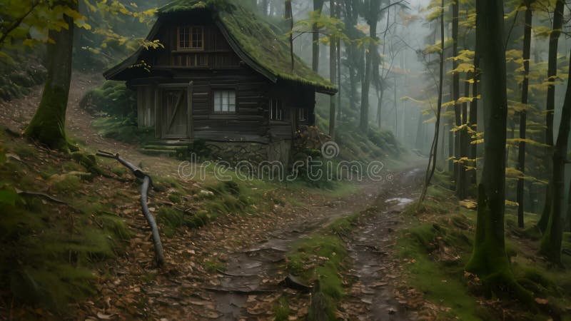 Rustic Small Cabin Surrounded by Tall Trees in the Forest, Windy Path ...