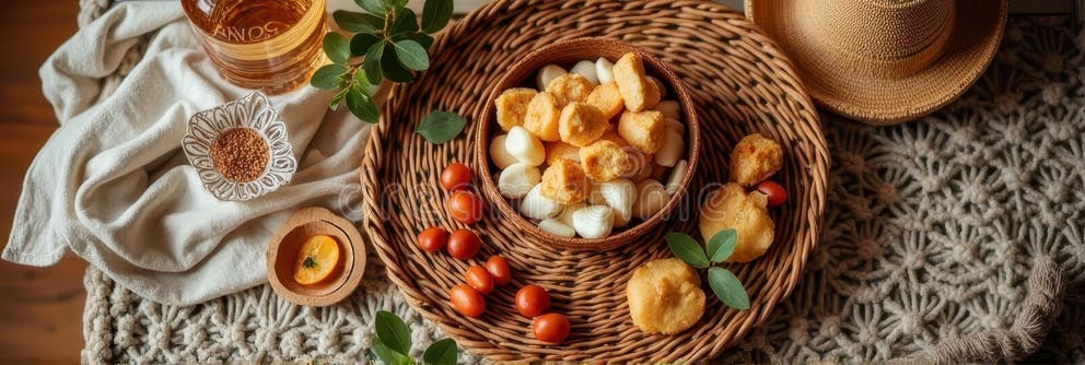 Rustic Snack Arrangement with Cheese Balls, Tomatoes, and Hat on Woven ...