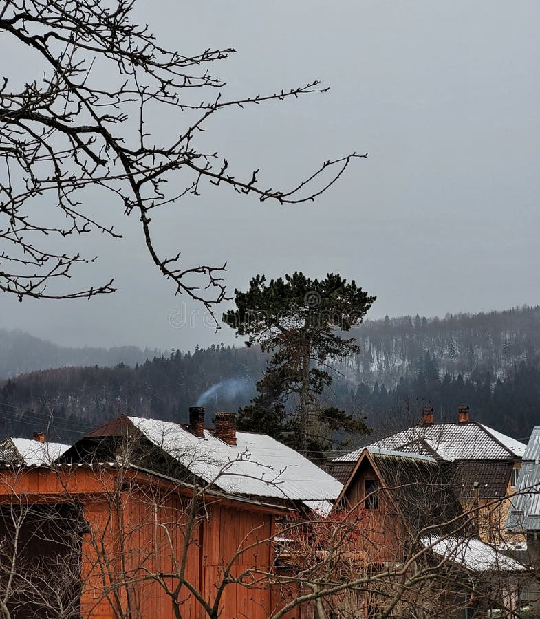 Rustic Snow-covered Roofs of Houses in the Fog in the Mountains Stock ...