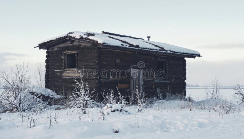 Rustic Snow-covered Wooden Cabin in Serene Winter Landscape Stock Photo ...