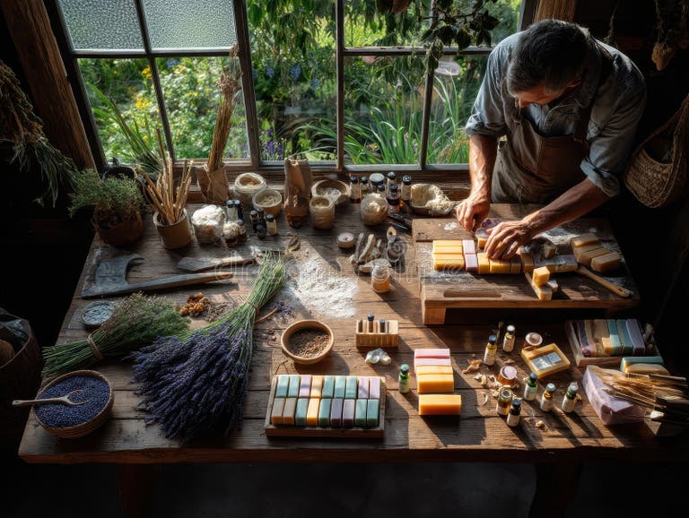 Rustic Soapmaking Workshop with Lavender and Colorful Soaps Stock Illustration - Illustration of ...