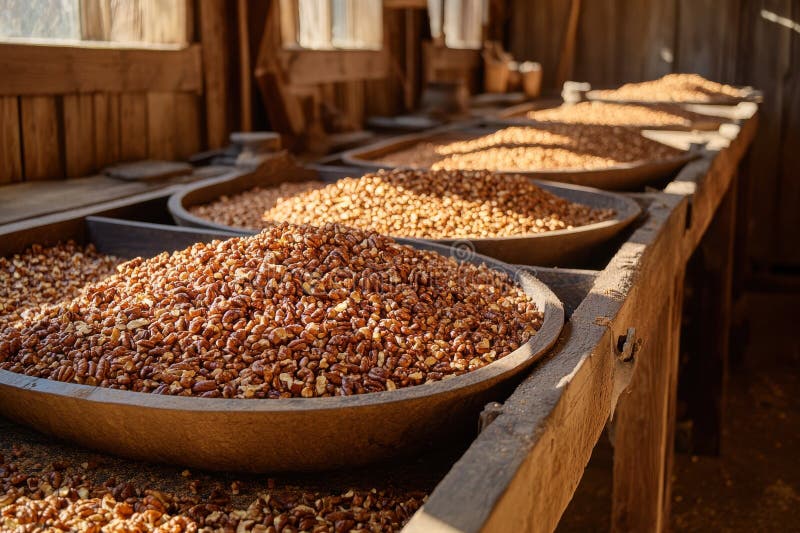 Rustic Sorting of Harvested Pecans in Barn Light Stock Illustration ...