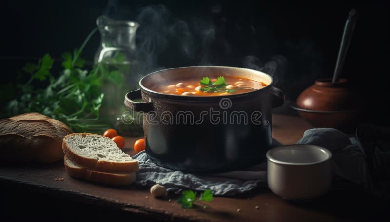 Rustic Soup Meal with Fresh Vegetables and Homemade Bread Generated by ...