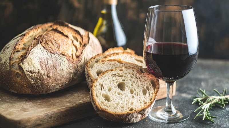 Rustic Sourdough Bread Slices with Red Wine Stock Image - Image of ...