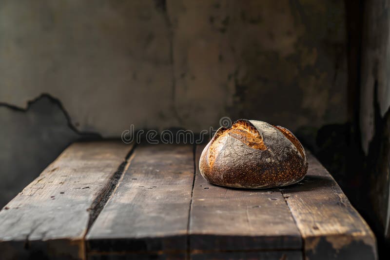 Rustic Sourdough Bread on a Vintage Wooden Table in Dim Lighting Stock ...
