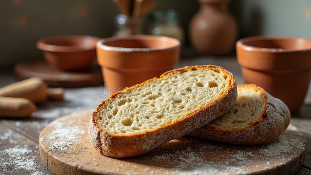Rustic Sourdough Bread on Wooden Board with Clay Pots in Cozy Kitchen ...