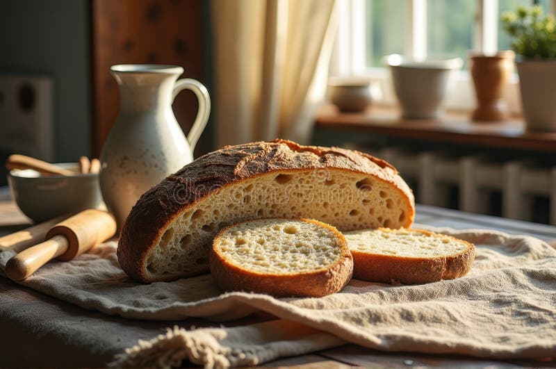 Rustic Sourdough Bread Slices with Red Wine Stock Image - Image of ...
