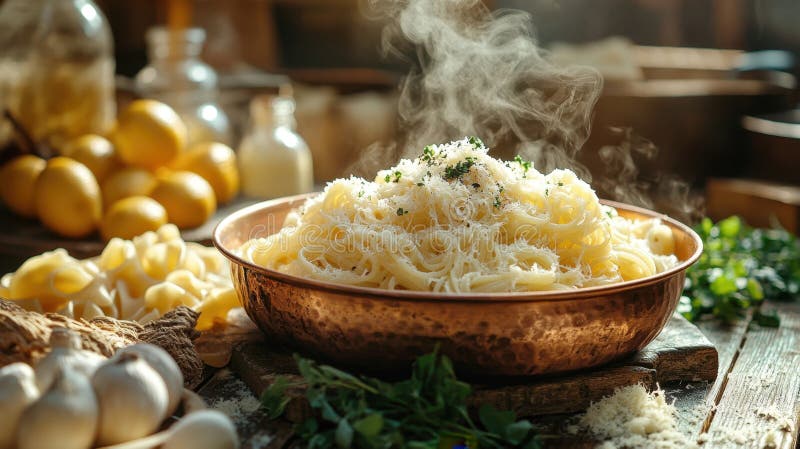 Rustic Spaghetti with Parmesan and Herbs in a Copper Pan Stock Image ...