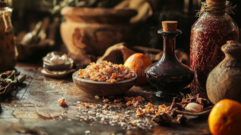 Rustic Spice and Herb Set on Wooden Table with Jars and Bowls Stock ...