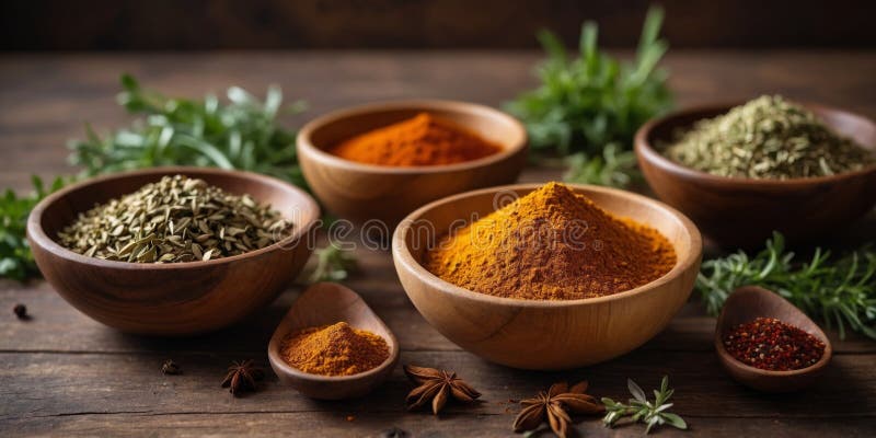 Rustic Spice Mix with Fresh Herbs in Wooden Bowls. Stock Photo - Image ...