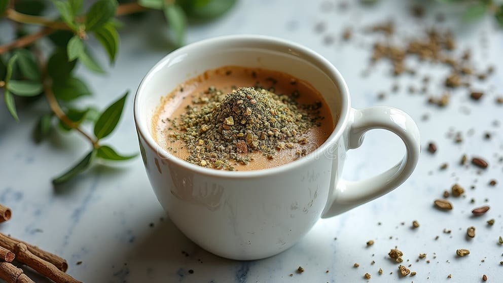 Rustic Spiced Coffee in White Mug with Fresh Herbal Garnish on Marble ...