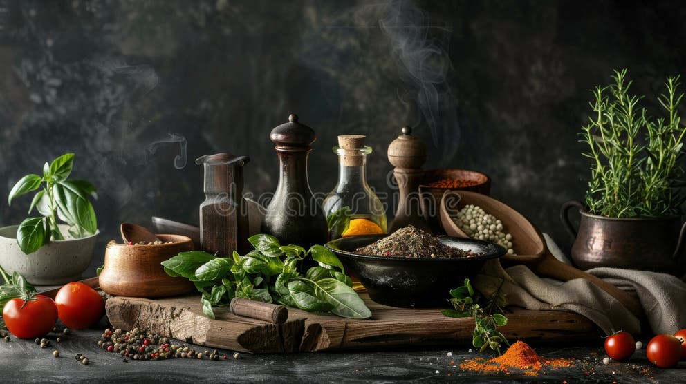 Rustic Spices and Herbs in Kitchen Setting Stock Photo - Image of ...