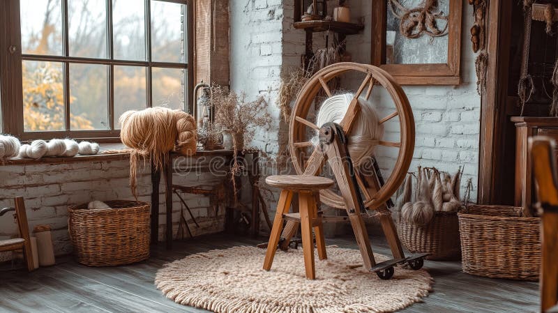 A Rustic Spinning Wheel Setup with Wool Roving and Skeins of Yarn Stock ...