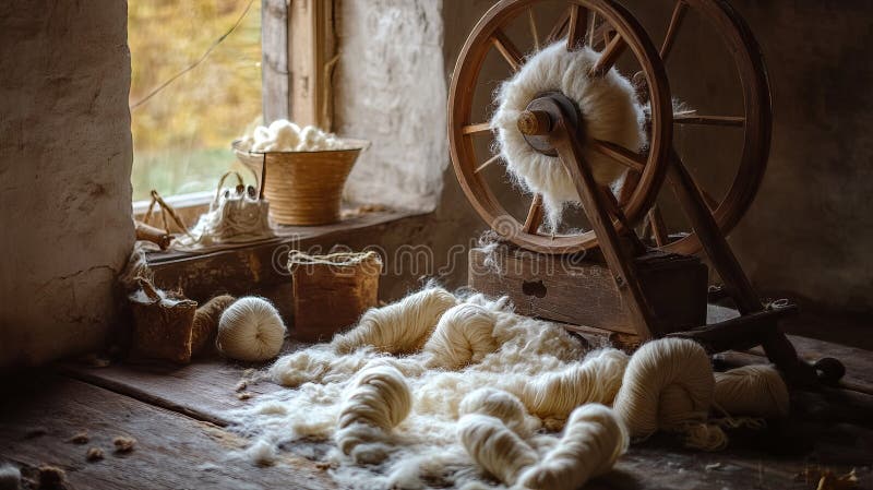 A Rustic Spinning Wheel Setup with Wool Roving and Skeins of Yarn Stock ...